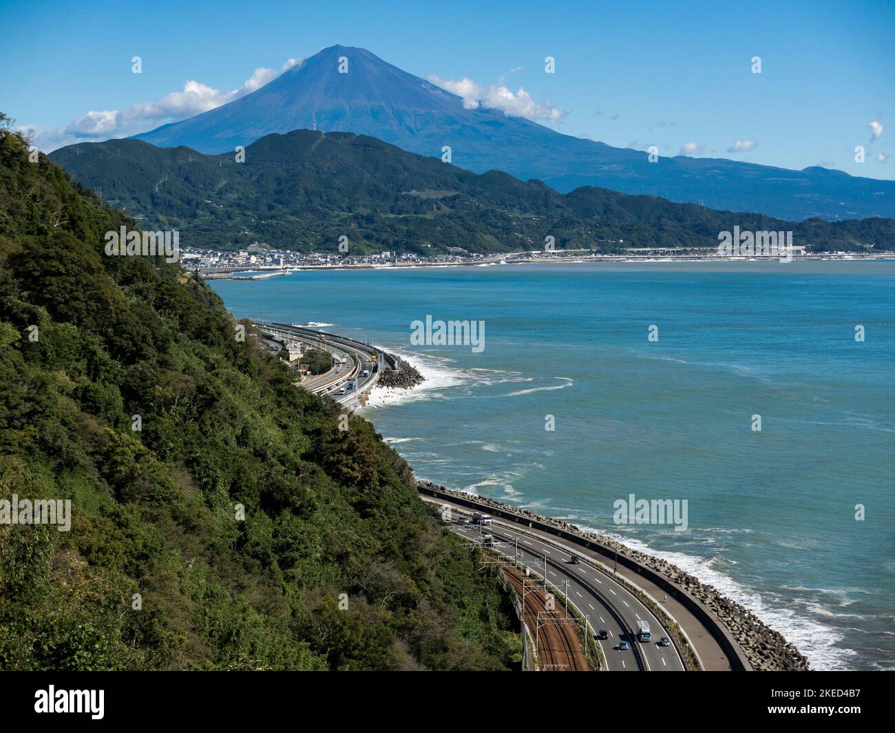 Mount Fuji and Japan National Route 1 along Suruga Bay seen from Satta ...