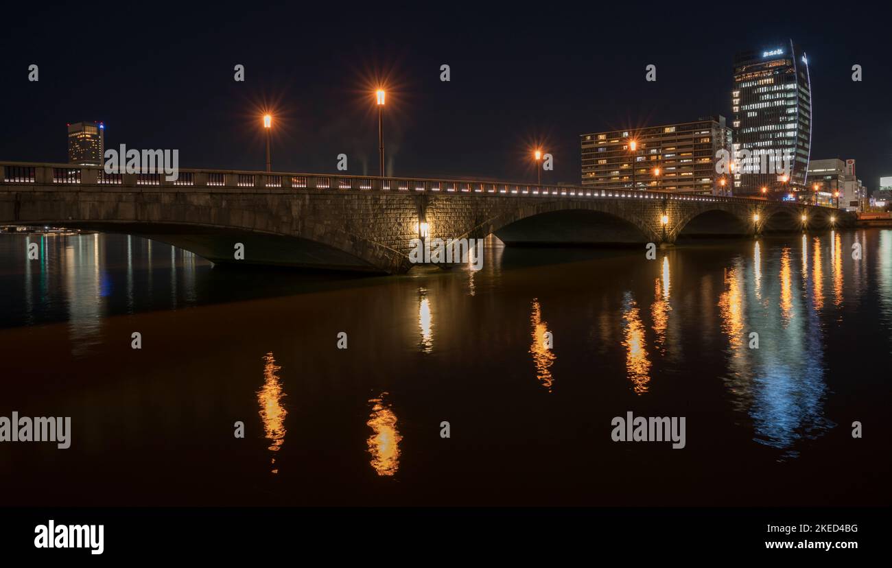Bandai Bridge over the Shinano River in Niigata, Japan, seen at dusk ...