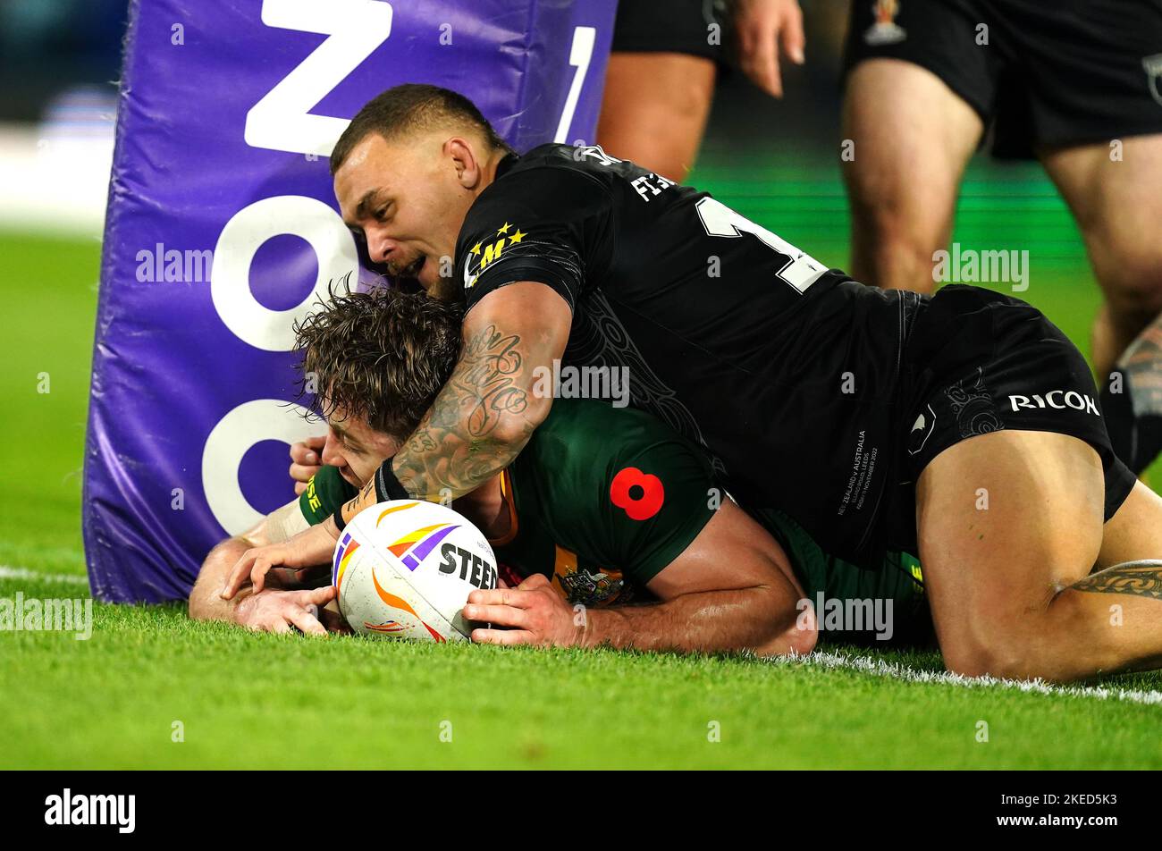 Australia's Cameron Murray scores his side's third try of the game ...