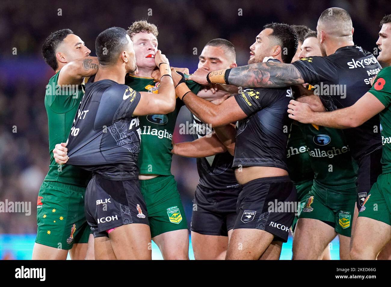 Australia and New Zealand players clash during the Rugby League World ...