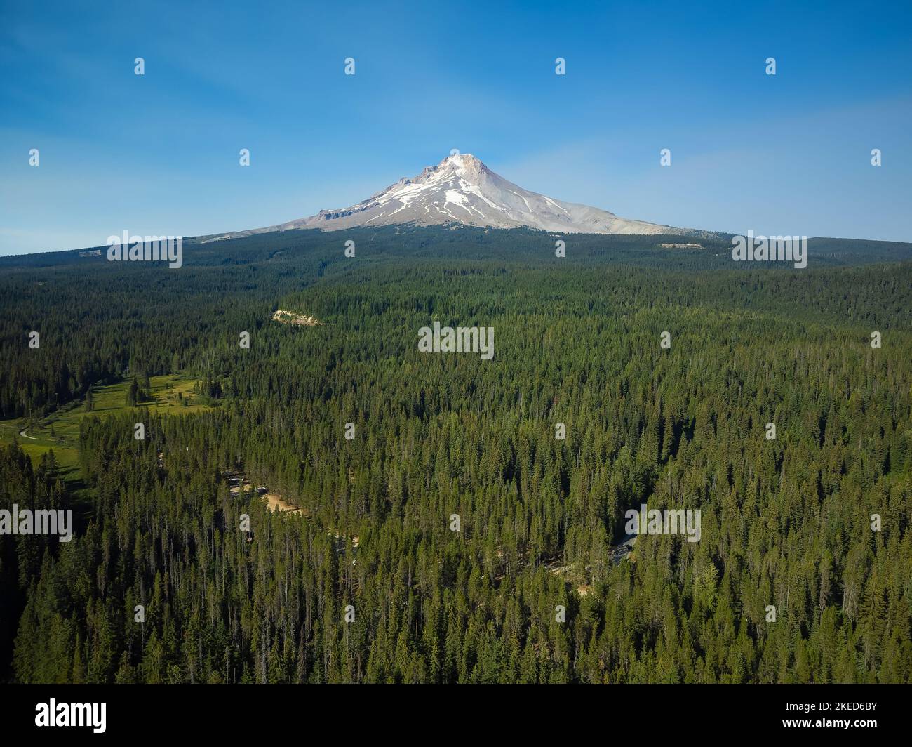 A large green meadow and in the distance a high snow-covered mountain ...