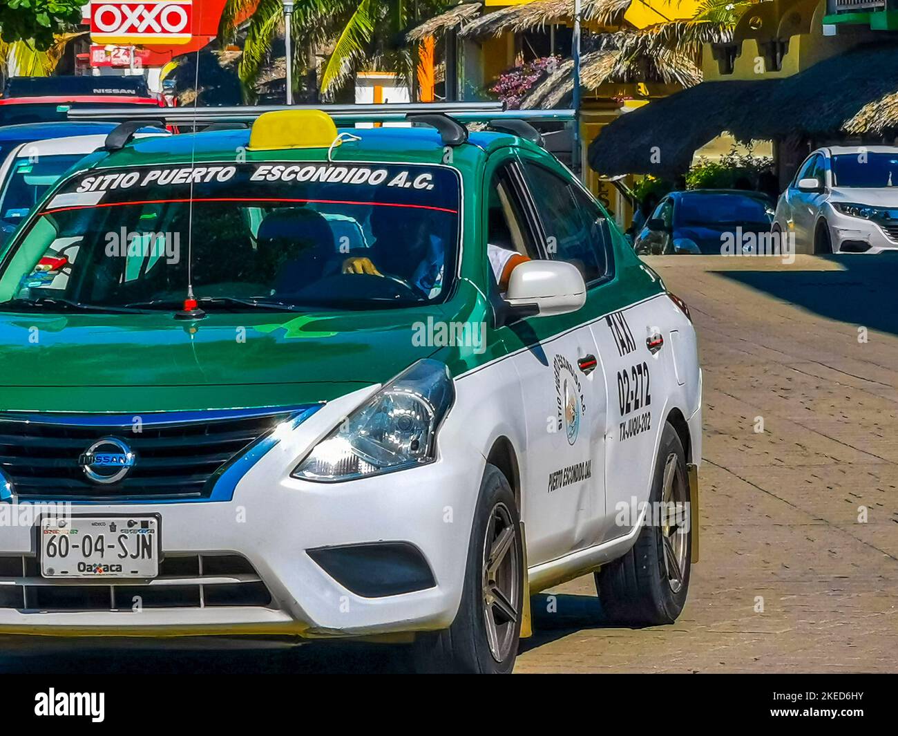 Colorful green turquoise blue orange taxi cab car in Puerto Escondido ...