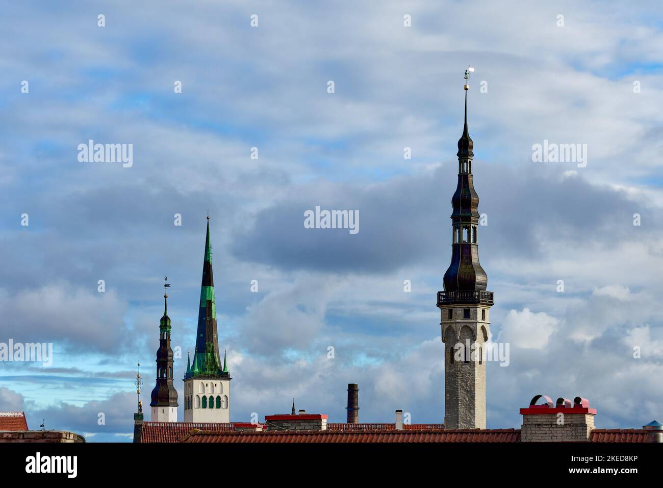 Skyline of Old Tallinn, three towers. Three steeples over the roofs of ...