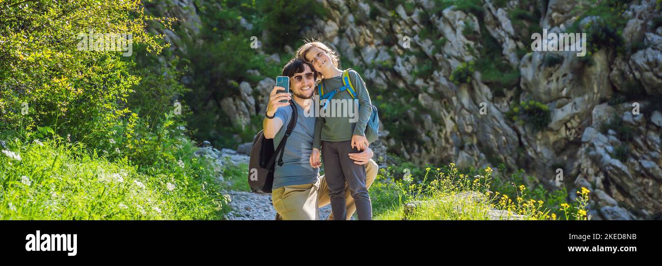 family travel - father and son hiking in mountains of Montenegro, Kotor ...