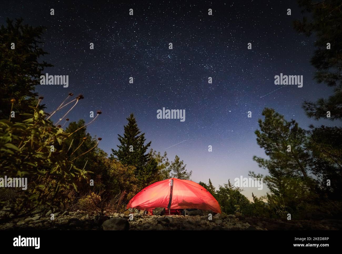 Tourist tent under beautiful night sky,Tahtali Mountain Range, Turkey ...