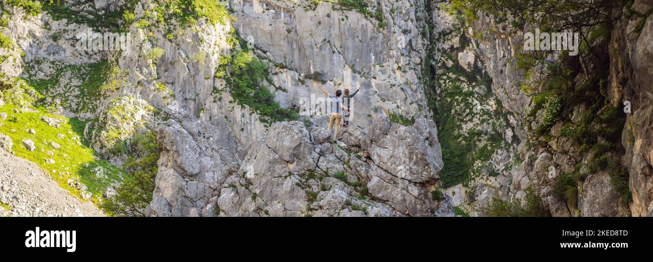 family travel - father and son hiking in mountains of Montenegro, Kotor ...