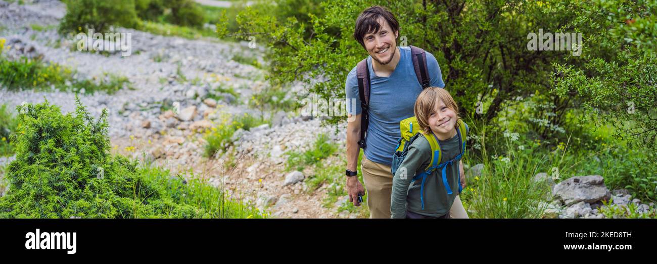 family travel - father and son hiking in mountains of Montenegro, Kotor ...