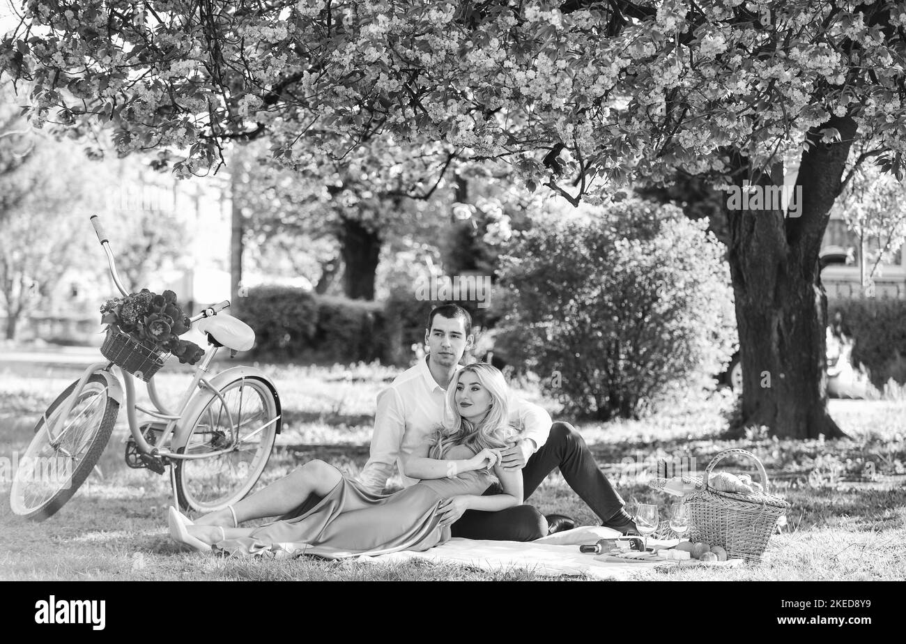 Loving relationship. couple in love on green grass. enjoying nature ...