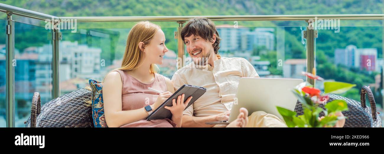 Man and woman working on the terrace, remote work concept BANNER, LONG ...