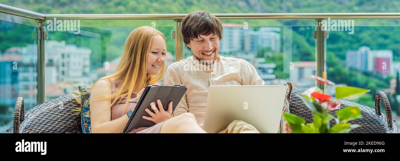 Man and woman working on the terrace, remote work concept BANNER, LONG ...