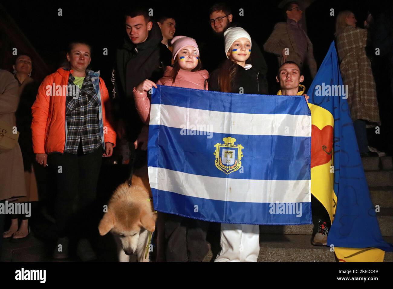 KYIV, UKRAINE - NOVEMBER 11, 2022 - People with flags celebrate the ...