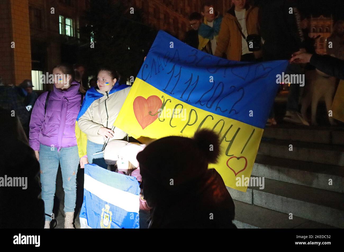 KYIV, UKRAINE - NOVEMBER 11, 2022 - People with flags celebrate the ...