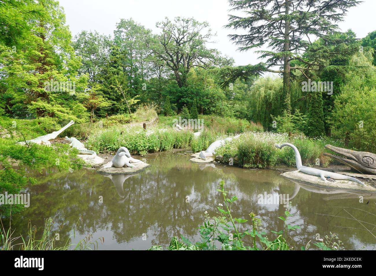 Sculptures of dinosaurs and other extinct animals near the river Effra ...