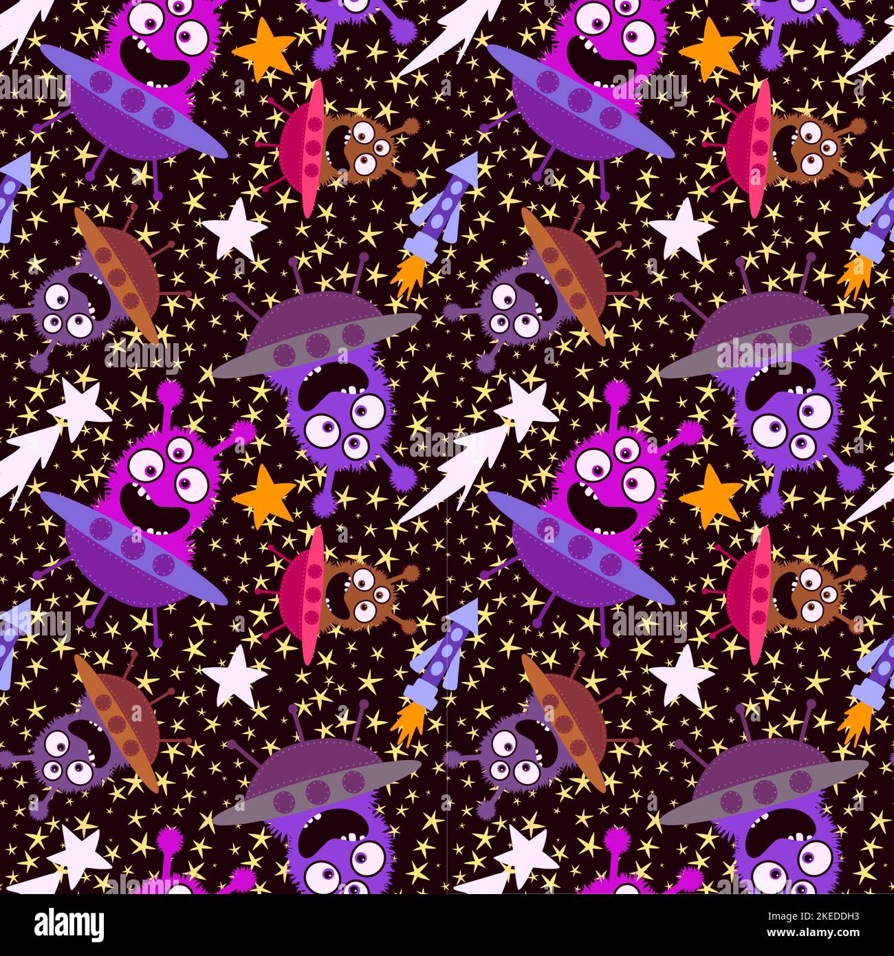 Cartoon aliens monsters seamless spaceship and stars pattern for ...