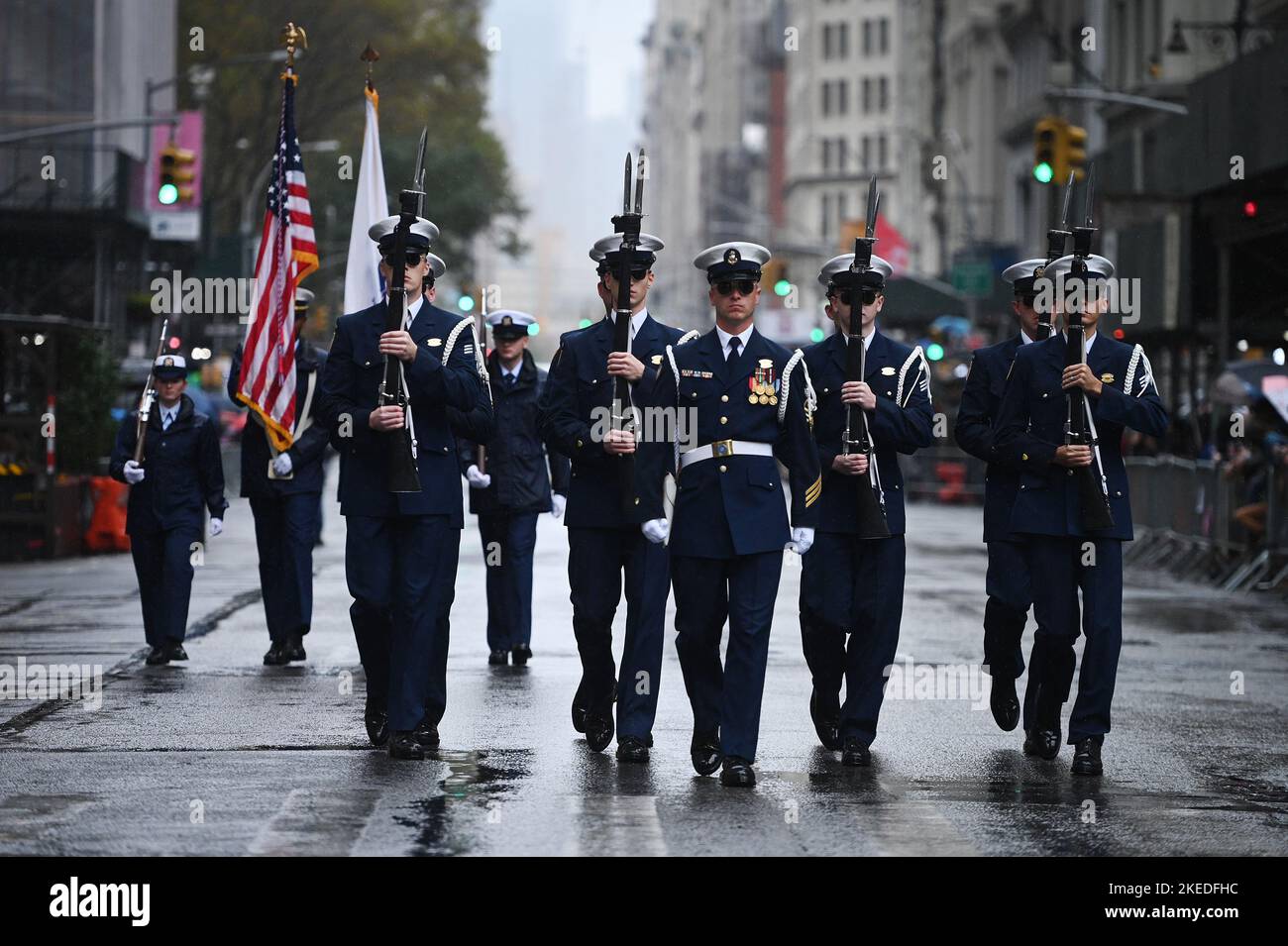 Members of the U.S. Coast Guard march up Fifth Avenue in the annual New York City Veterans Day ...