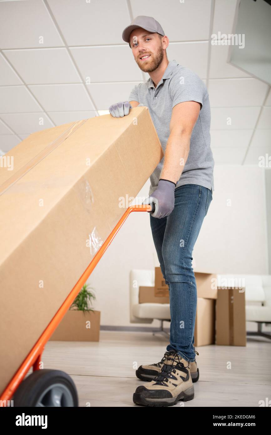 young man holding trolley loaded with cardboard box Stock Photo - Alamy