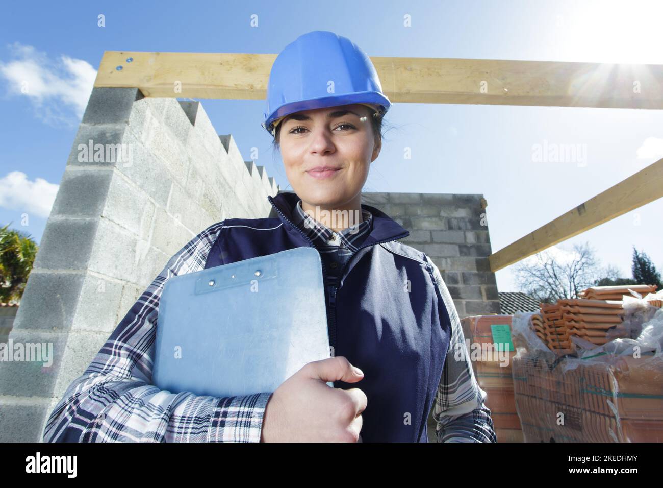 female building inspector checking outdoor construction structure Stock ...