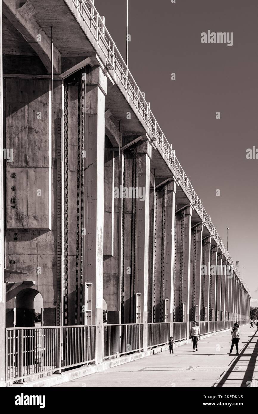 The Hume Dam gates in Riverina, New South Wales, Australia in grayscale ...