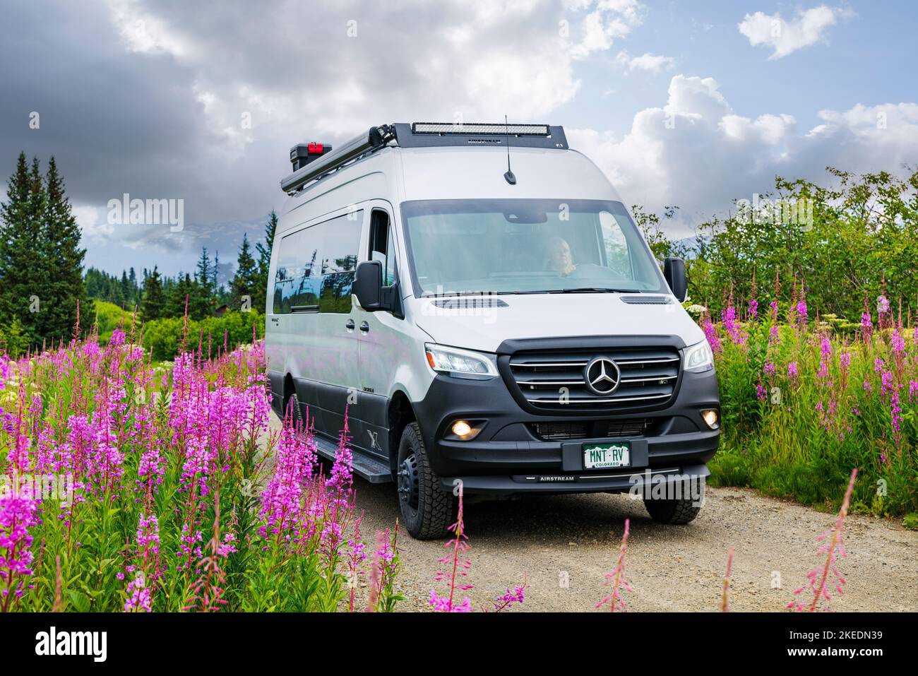 Senior woman driving Airstream Interstate 24X 4WD campervan; Fireweed ...