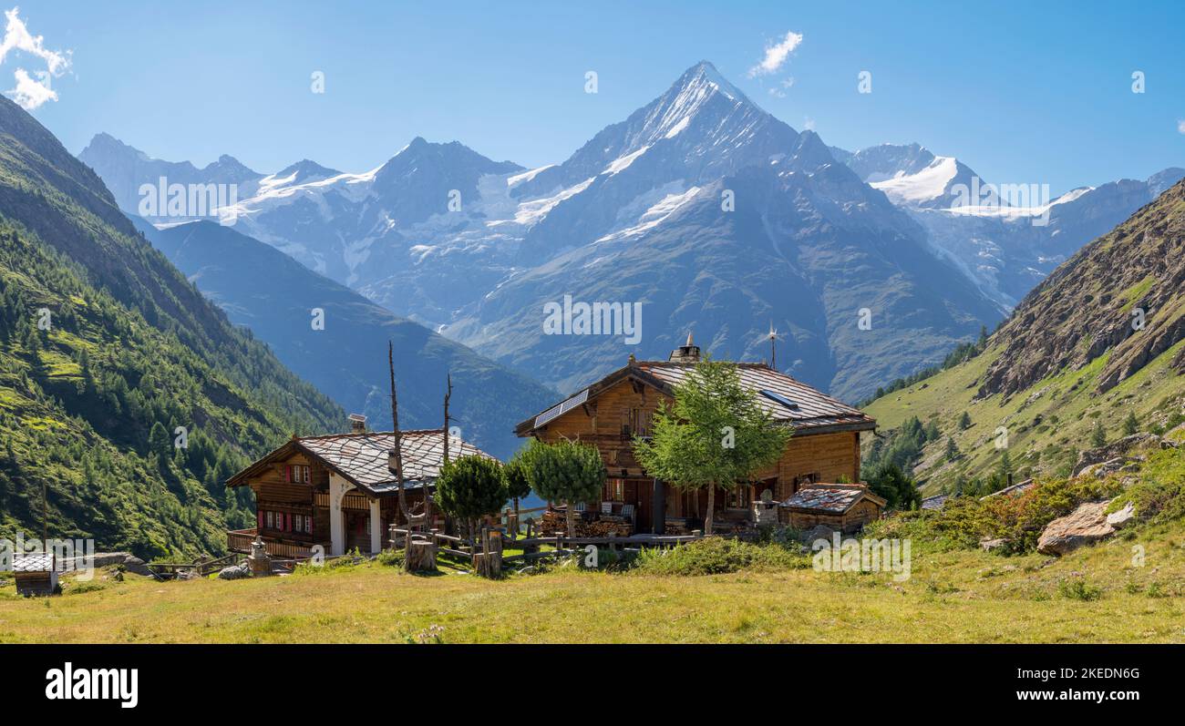 The Walliser alps and chalets of Ottafe - peaks Bishorn, Weisshorn ...