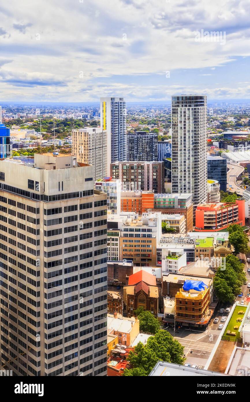 Sydney city CBD high-rise towers from elevation of downtown skyscraper ...