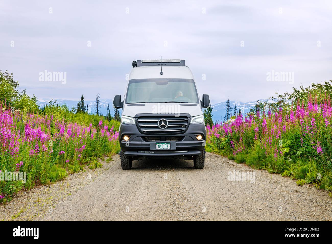 Senior woman driving Airstream Interstate 24X 4WD campervan; Fireweed ...