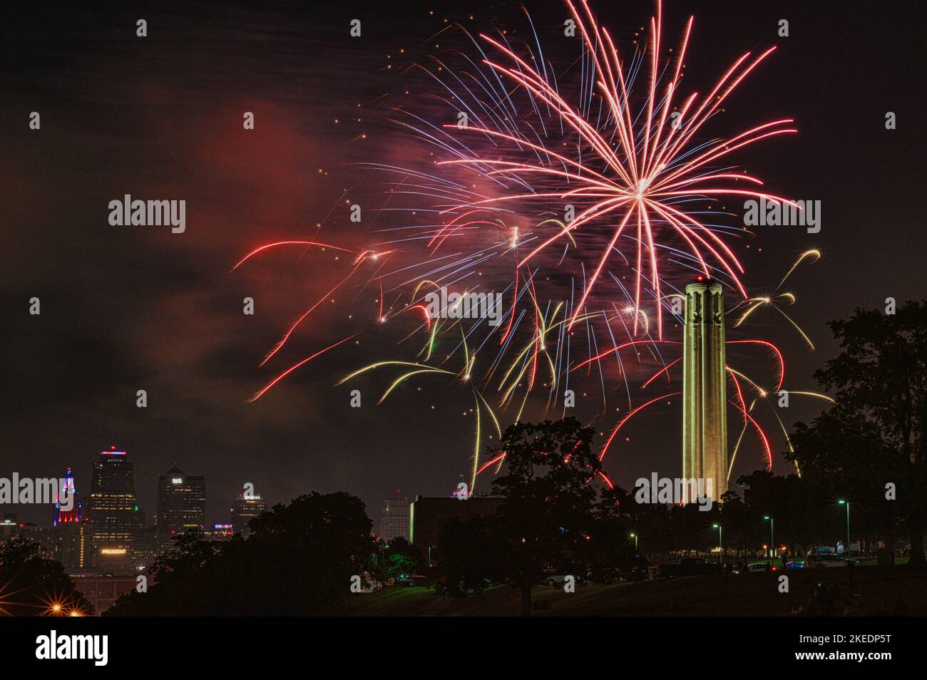 The fireworks over the National WWI Memorial, Liberty Memorial Stock ...