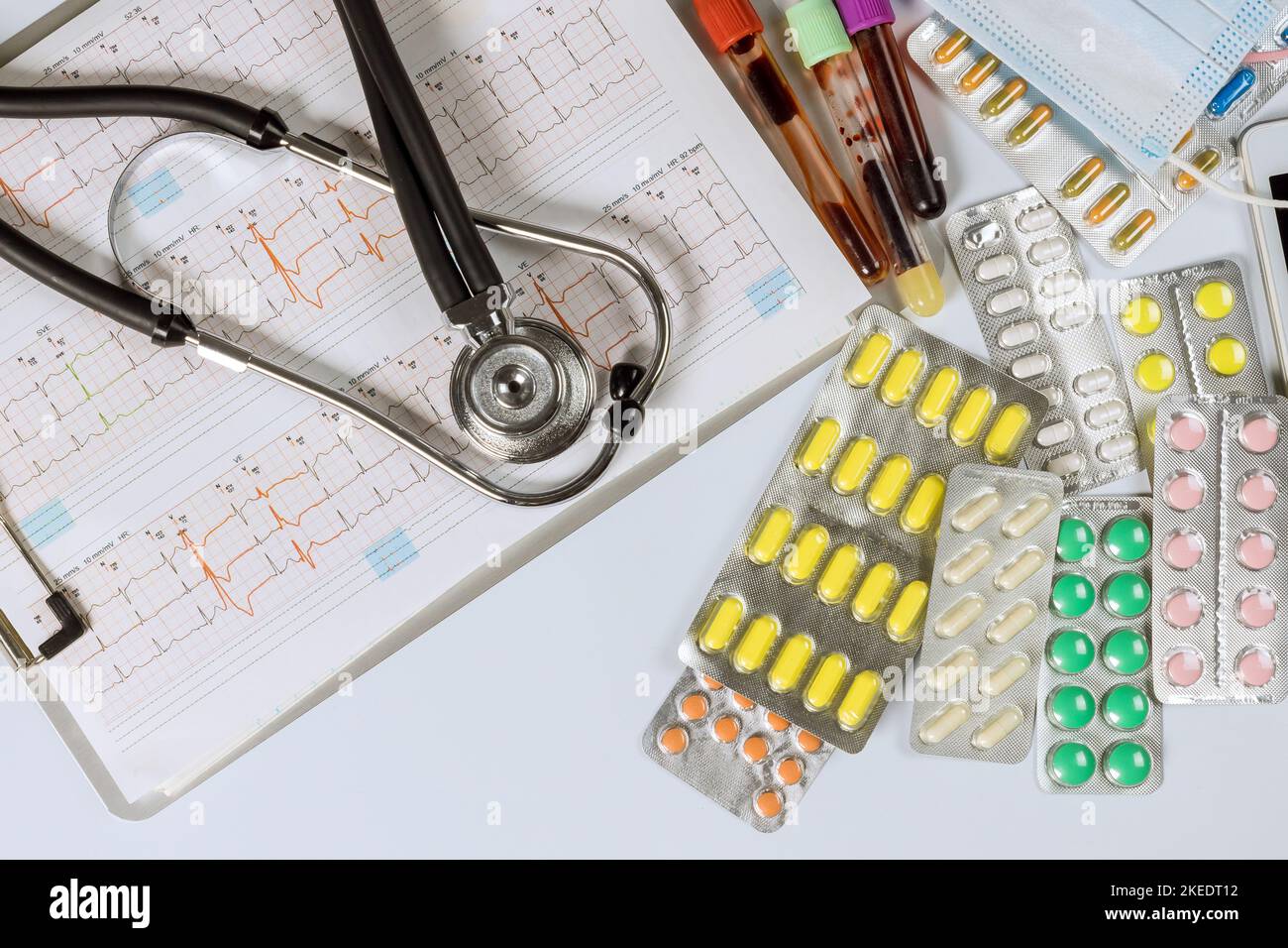 Cardio doctor office with heart cardiogram of stethoscope and many ...