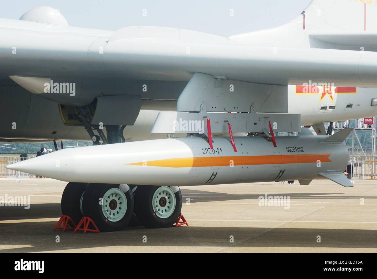 ZHUHAI, CHINA - NOVEMBER 10, 2022 - A mystery missile, H-6K, hangs ...