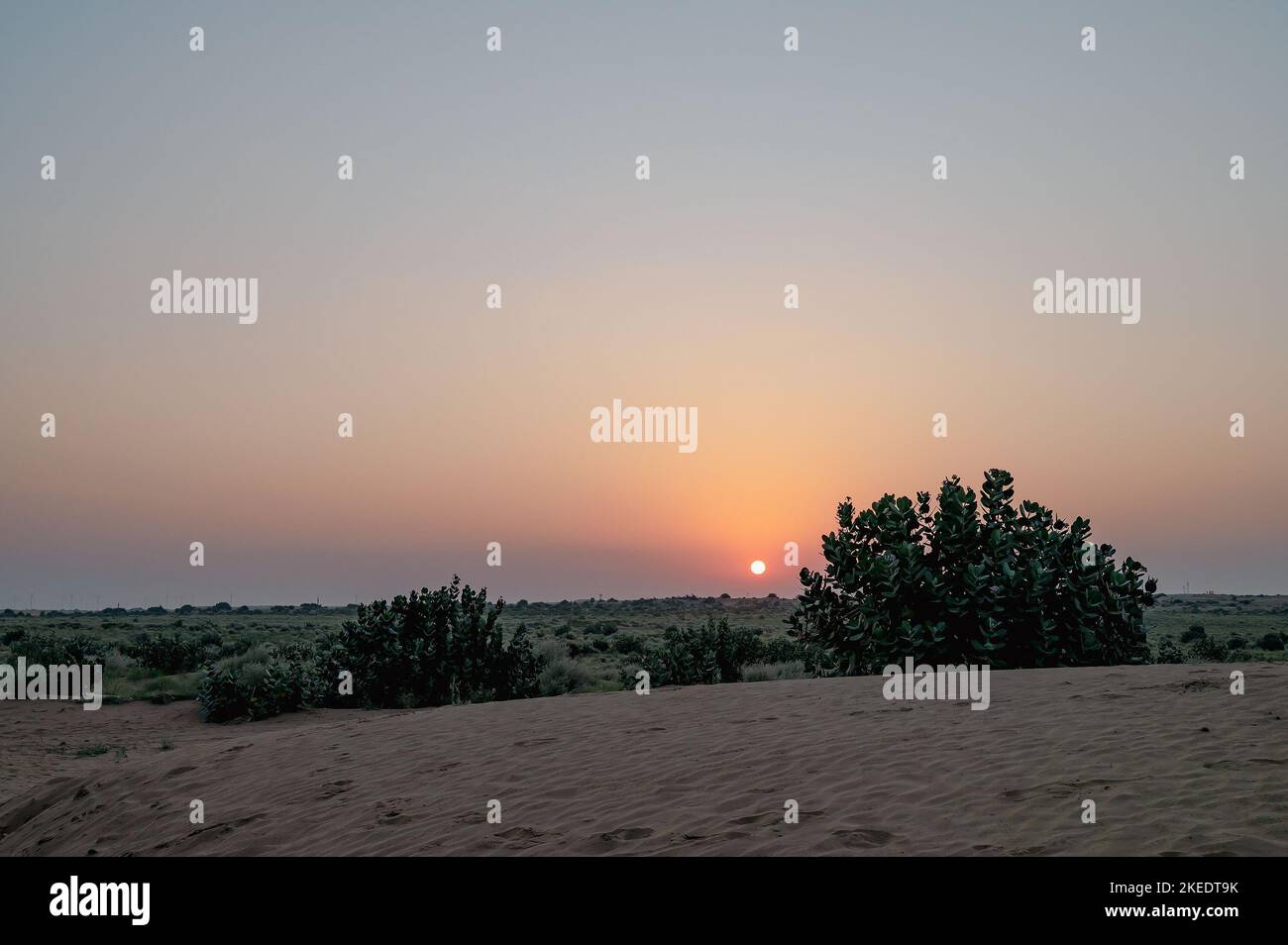 Sun rising at the horizon of Thar desert, Rajasthan, India. Tourists from across India visits to ...