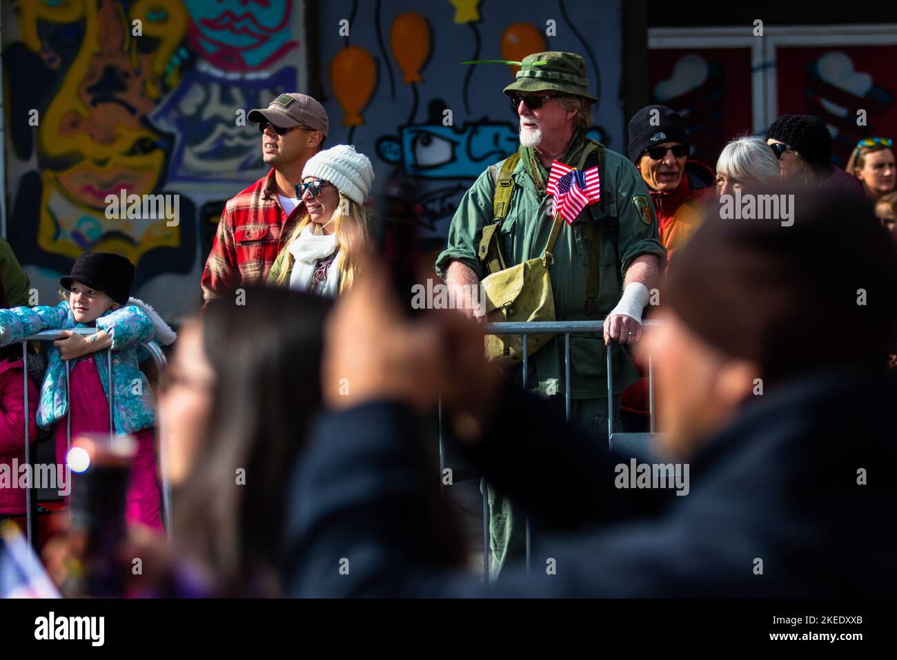 A man in military garb looks on during the Veterans day parade. A ...