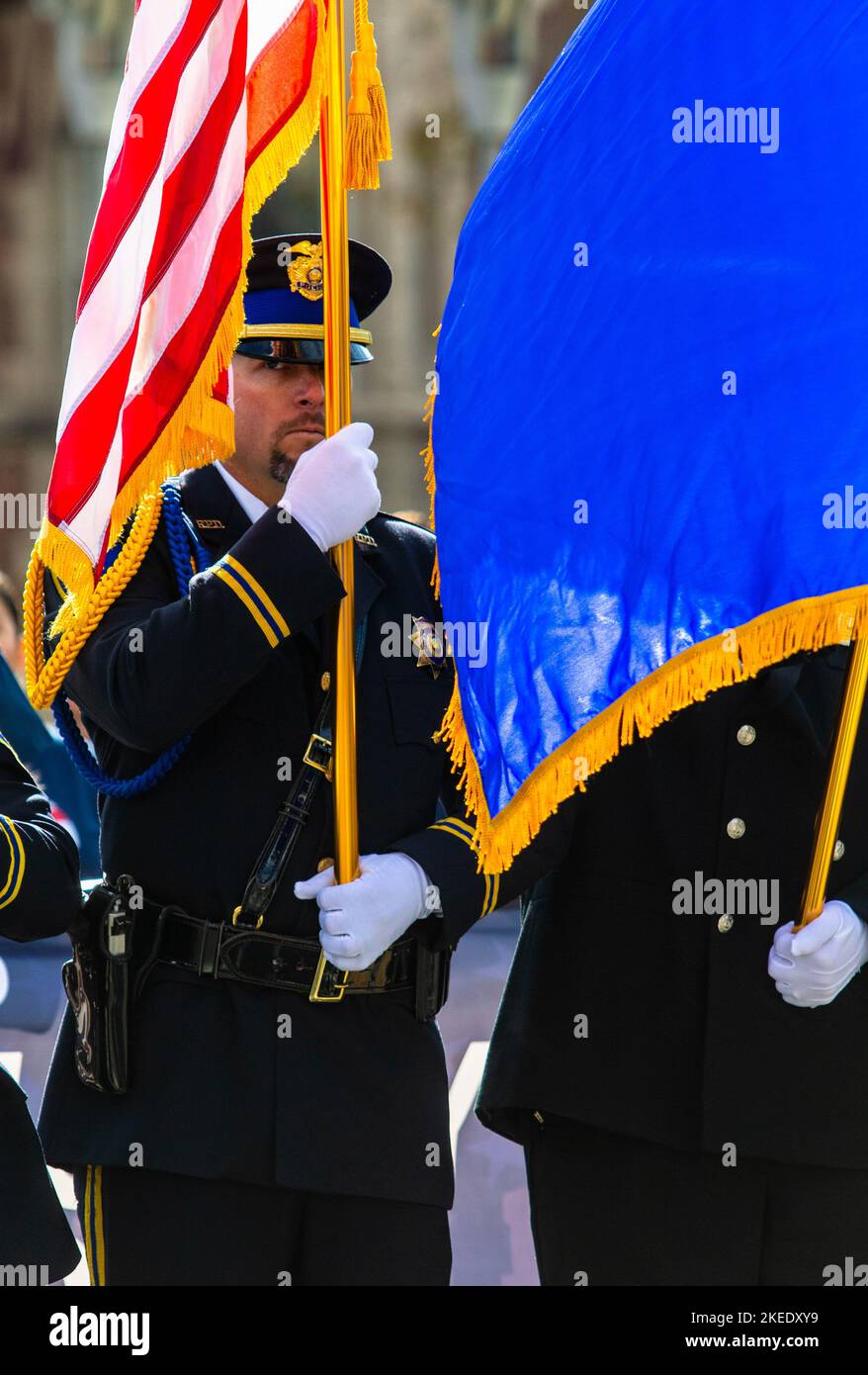 Members of the color guard start the veteran parade. A Veterans day ...