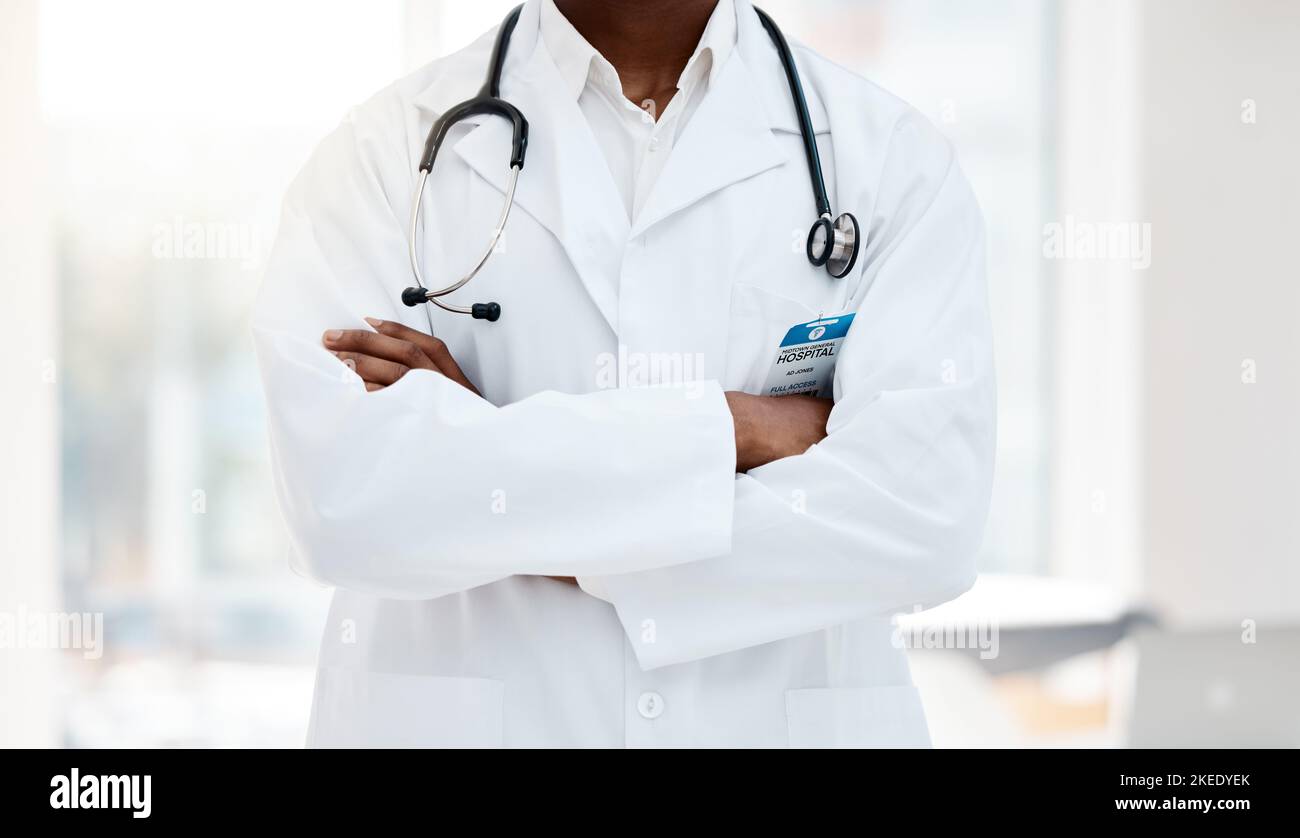 Hospital, medical and body of confident doctor ready for medicine ...