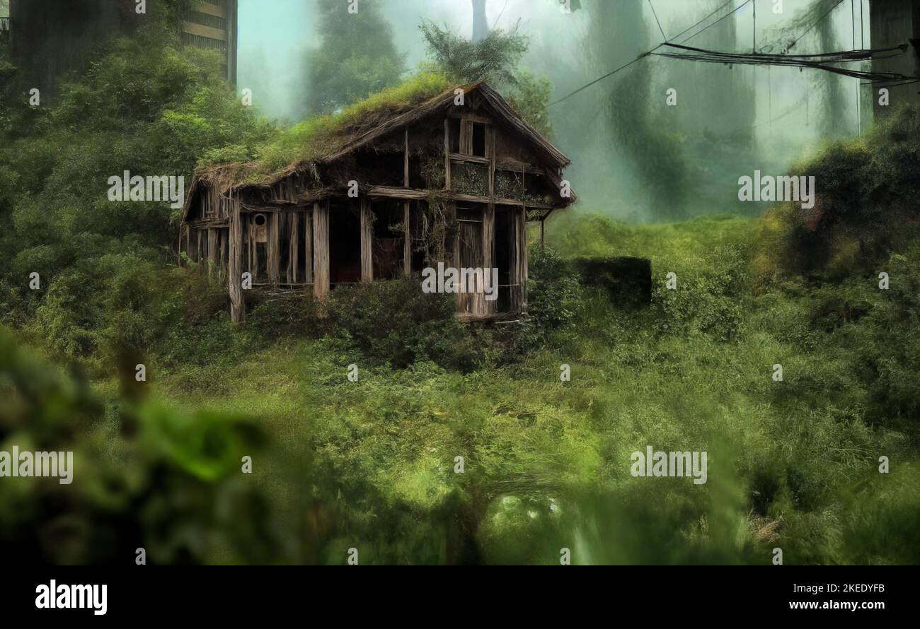 abandoned and overgrown house, building in post apocalyptic landscape ...