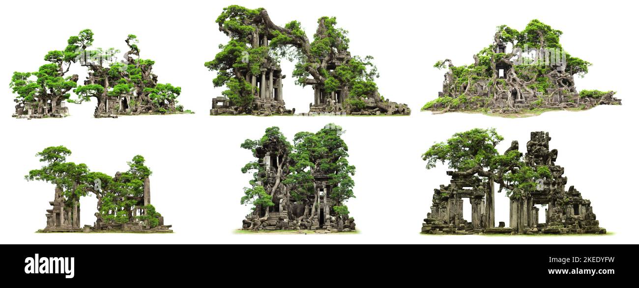 ancient temple ruin, collection of overgrown historical buildings ...