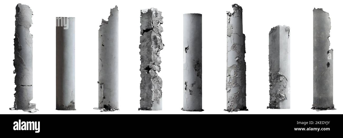 set of damaged concrete pillars isolated on white background Stock ...