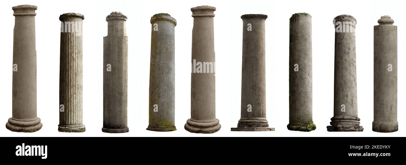 set of antique columns, collection of damaged pillars isolated on white ...