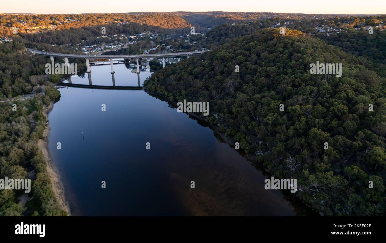 An aerial view of Woronora River and Woronora Bridge in Sutherland ...