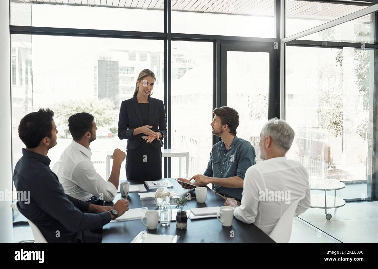 Talking business in the boardroom. a businesswoman talking to ...