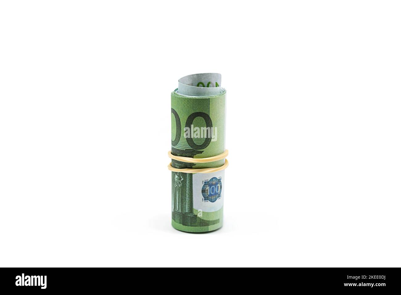 Rolled up one hundred euro bills on white. Roll of Europe paper ...