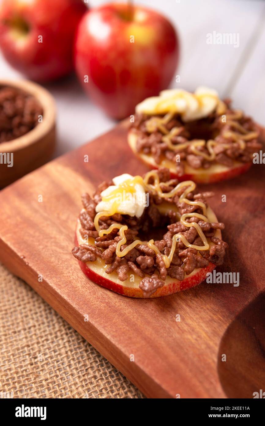 Creative party snack for holidays. Apple rounds with peanut butter ...