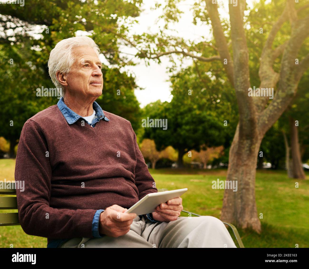 Wow, you can browse just about anywhere. a senior man sitting on a park ...