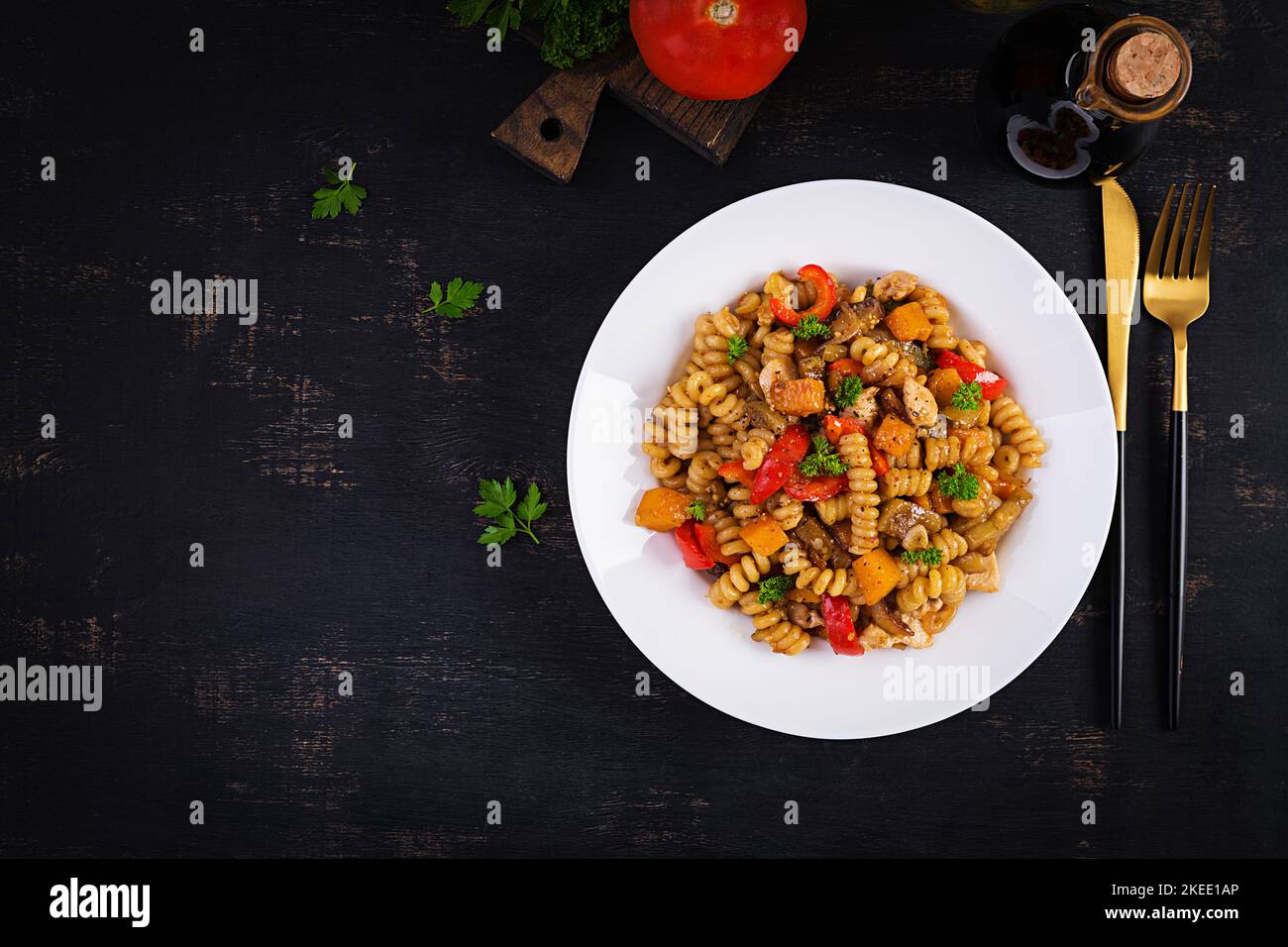 Vegetable pasta fusilli corti bucati with eggplant, sweet pepper and ...