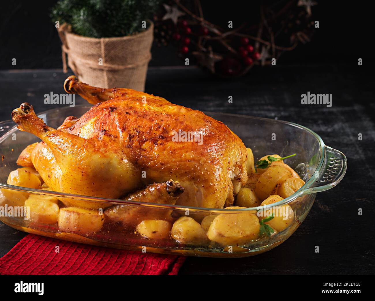 Baked turkey or chicken. The Christmas table is served with a turkey ...