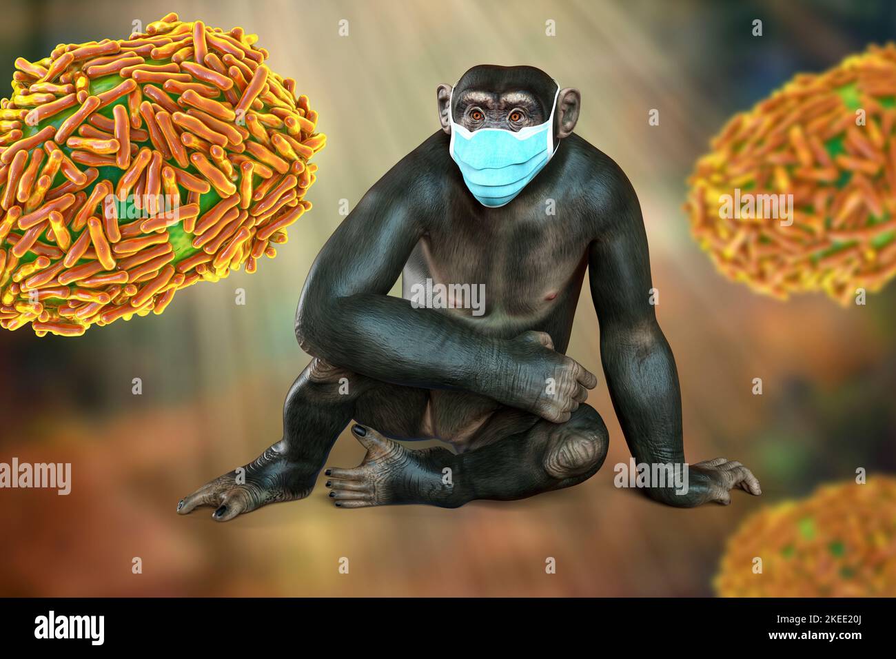 Virus particles around chimpanzee wearing mask, illustration Stock ...