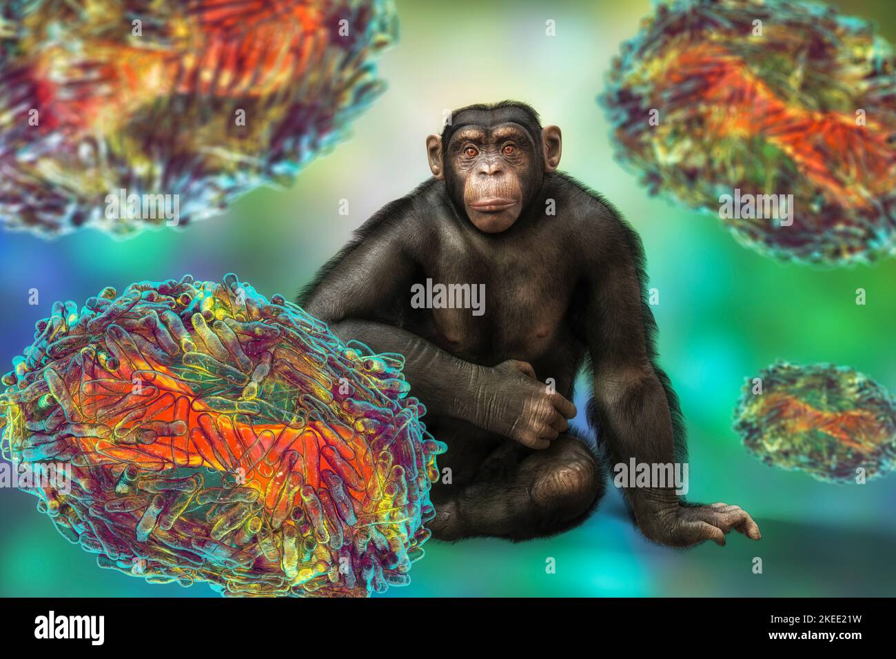 Virus particles around chimpanzee, illustration Stock Photo - Alamy