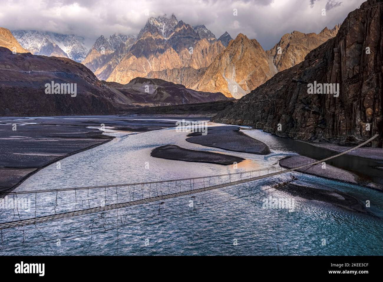 bridge on the river in mountains valley Stock Photo - Alamy