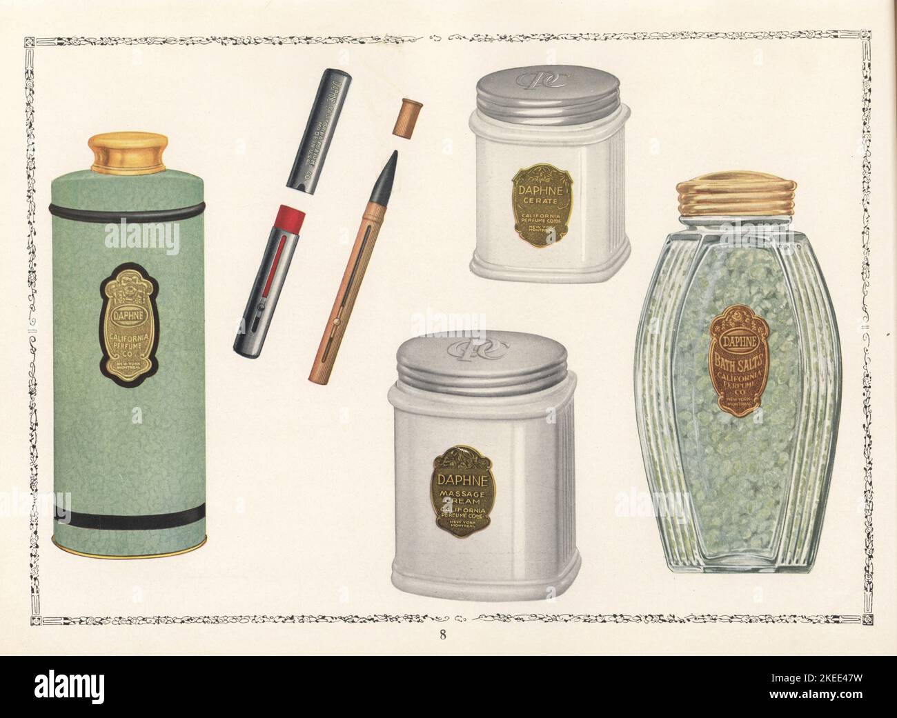 Daphne brand cosmetics from CPC, 1927. Can of talcum powder, lipstick ...