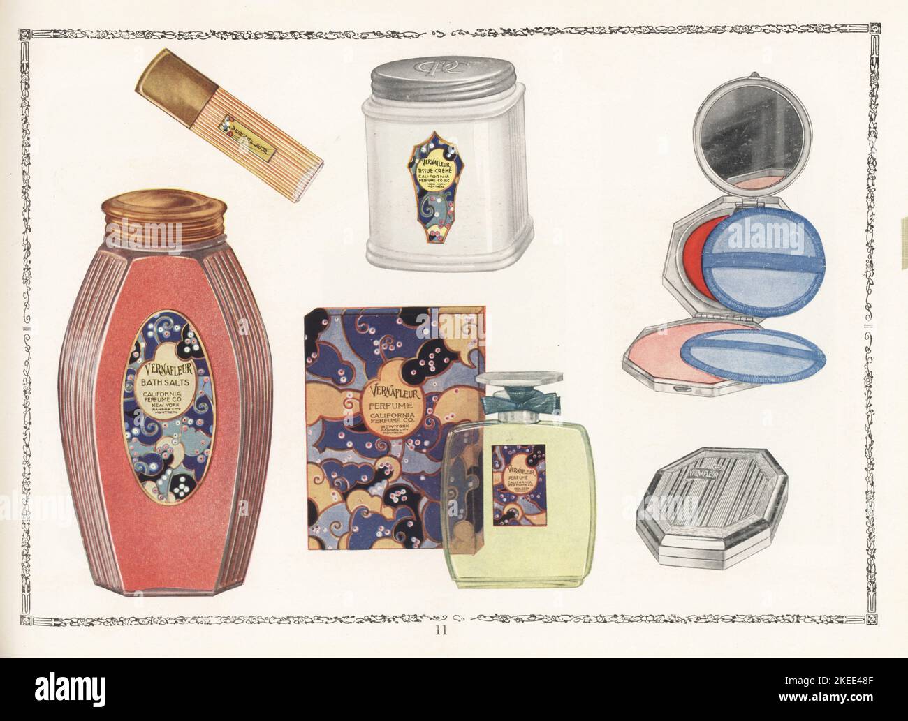 Vernafleur brand cosmetics from CPC, 1927. Can of bath salts, lipstick ...