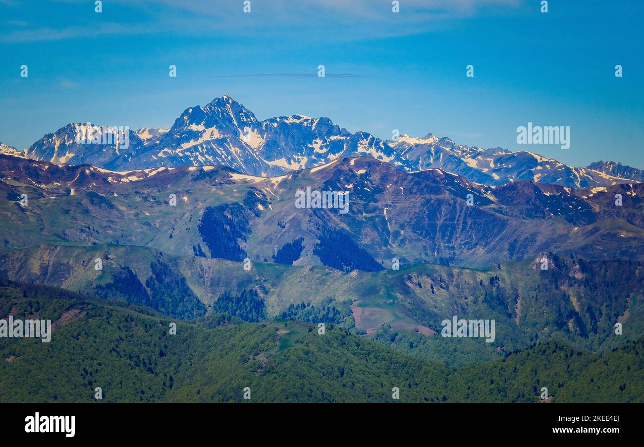 View on the snow covered Pyrenees mountains range from the summit of ...